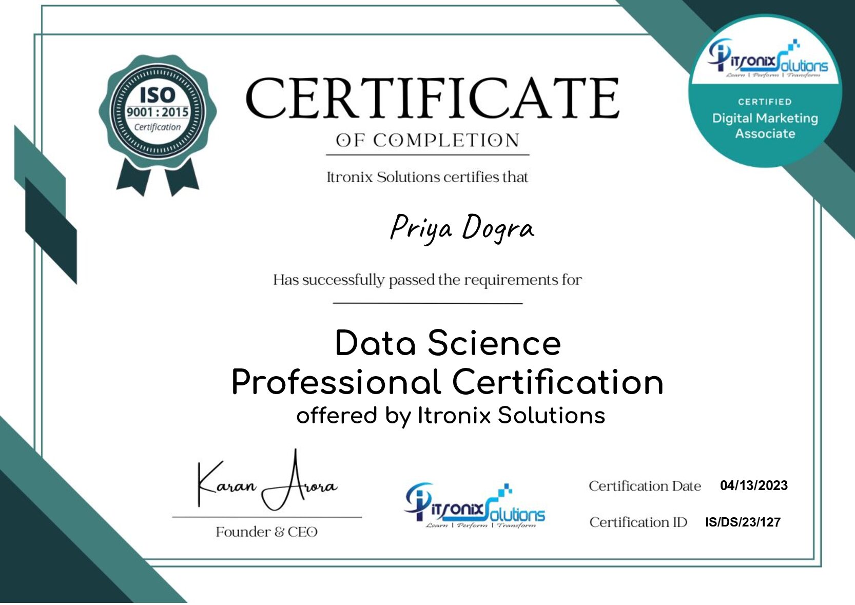 Data Science Professional Certification ITRONIX SOLUTIONS Data Science Professional Certification ITRONIX SOLUTIONS